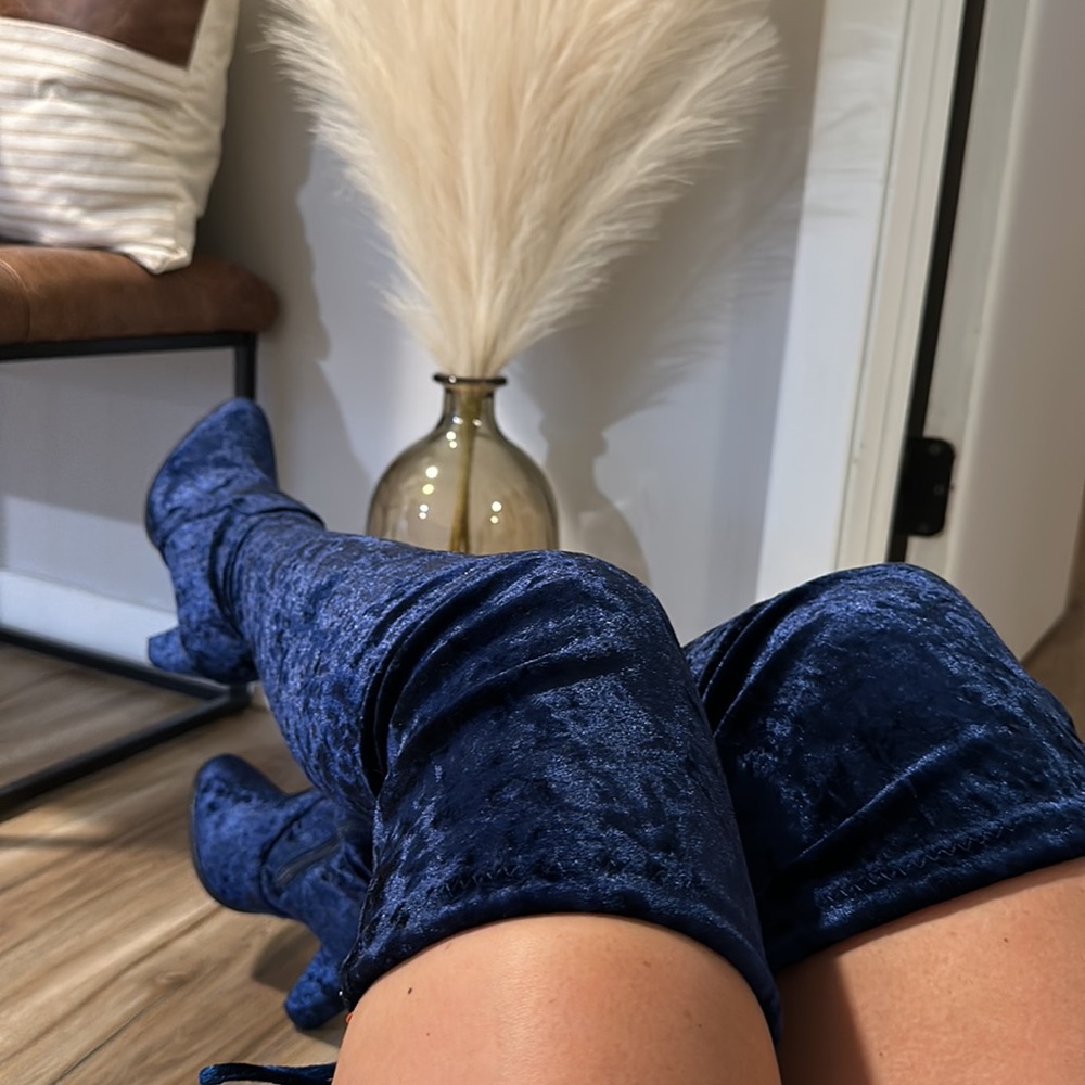 Royal Blue Velvet Over-The-Knee Thigh High Boots - Gem